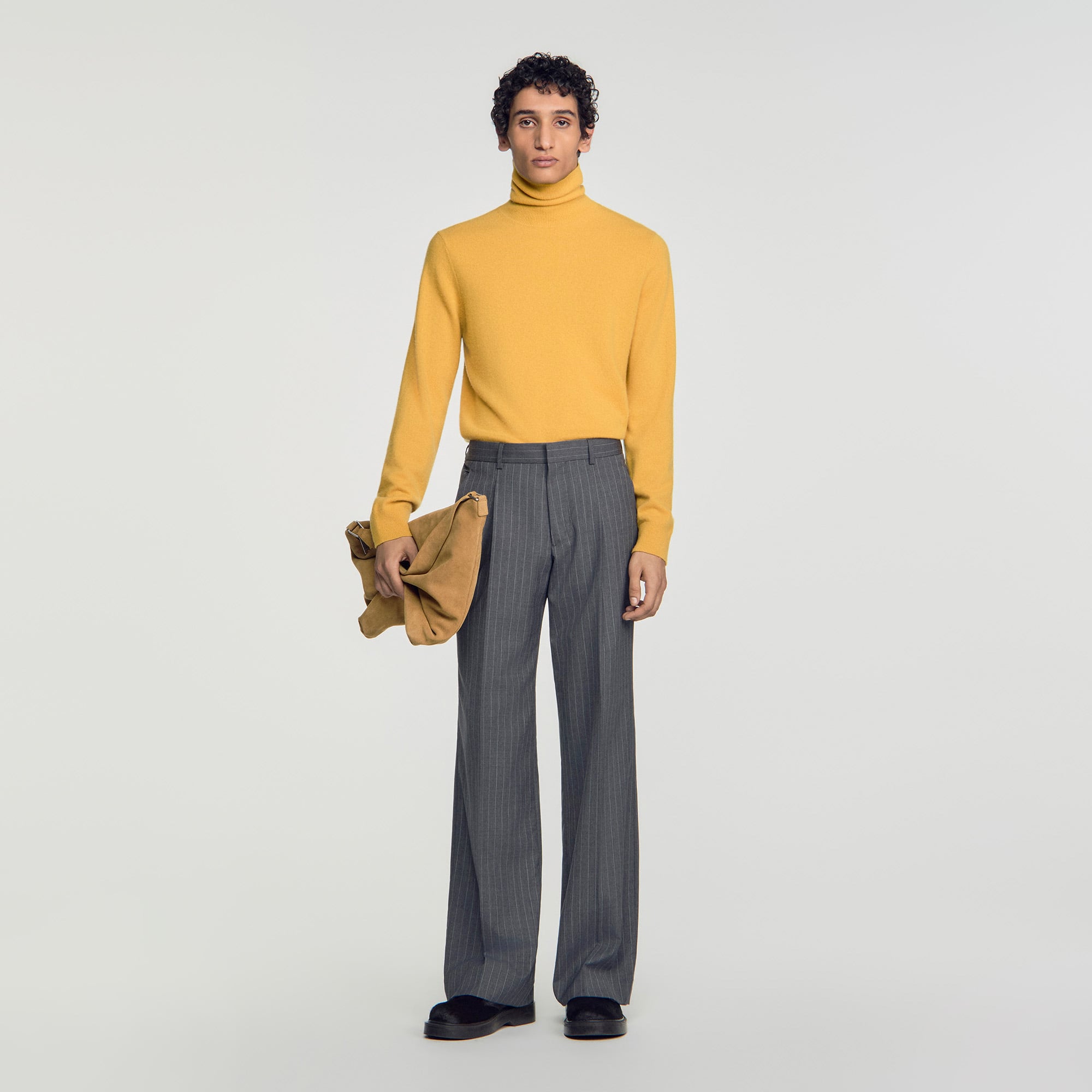 SANDRO Sandro Wide-Leg Virgin Wool Suit Trousers with Pleats and Pin Stripes